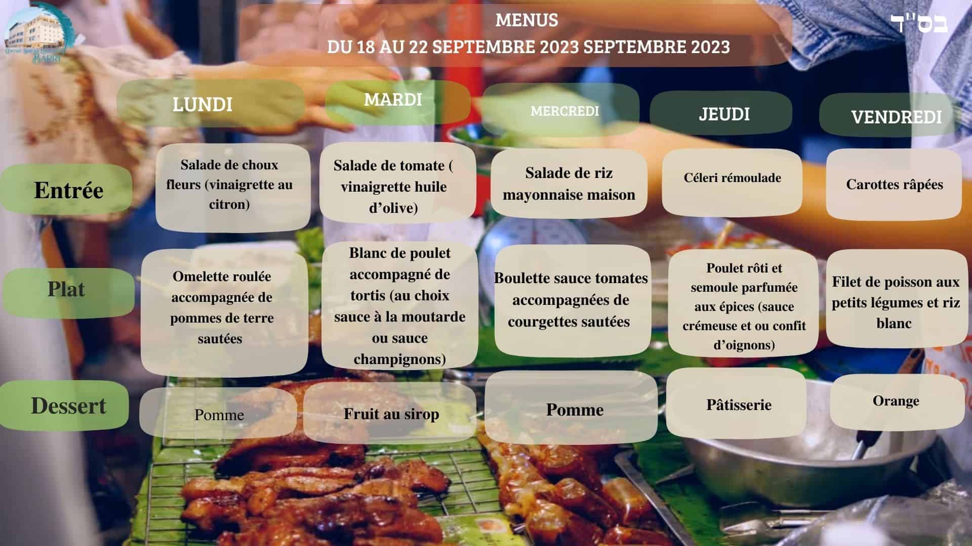 Menus Du 18 au 22 SEPTEMBRE 2023 - Centre Socio Educatif du Barry